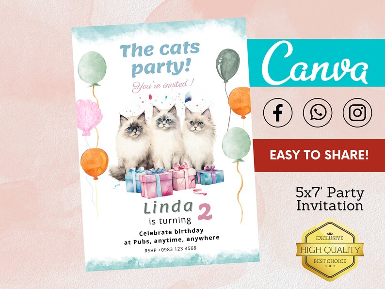 Cat Invitation / Cat Birthday Invite Kitty Cat / Party Animal / Let's ...