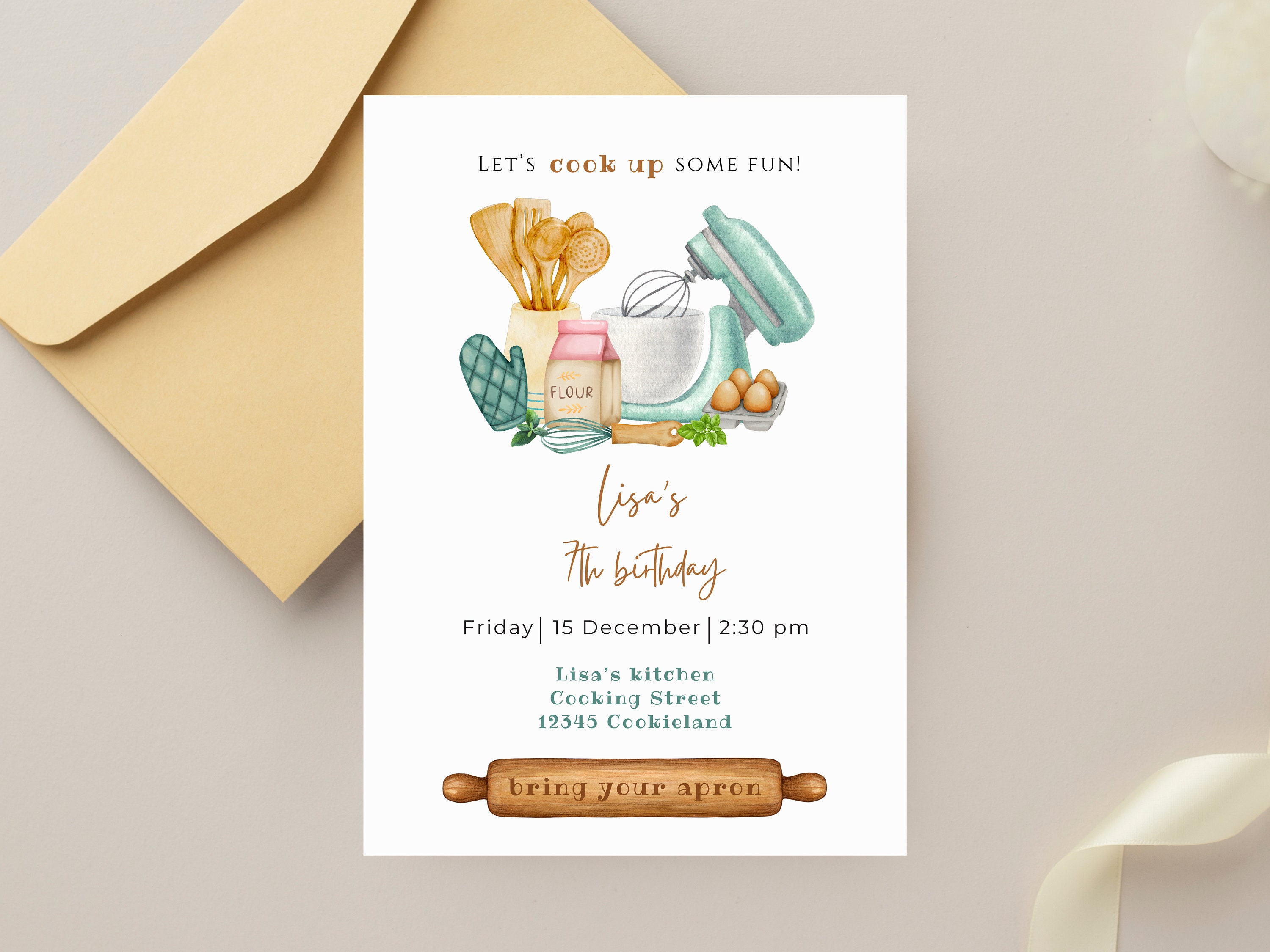 Cookie Invitation, Baking Birthday Invitation, Girl Chef Baking Party ...