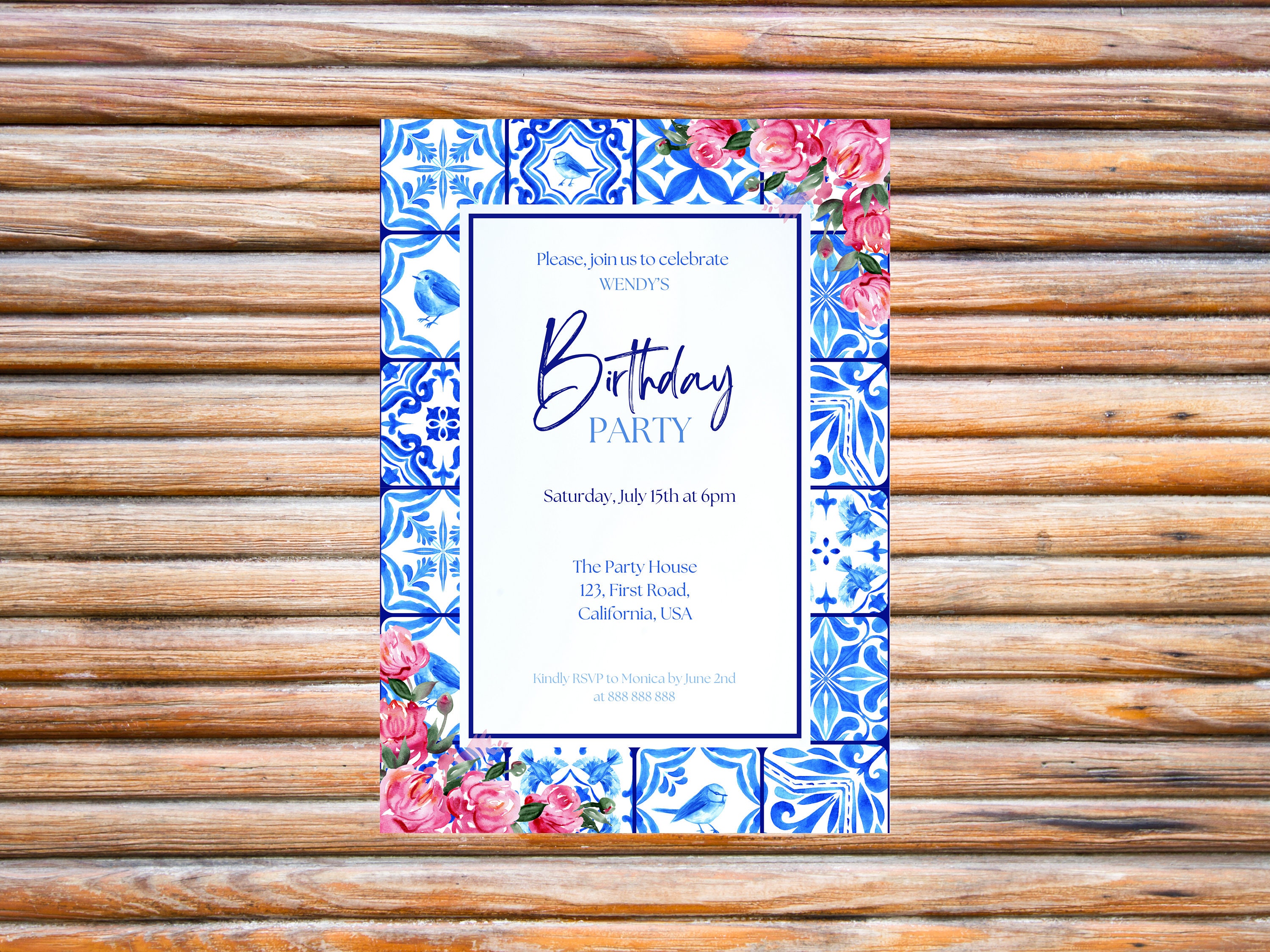 Blue Tiles Invitation, Flower Birthday Invite, Greek Italian Portugese ...
