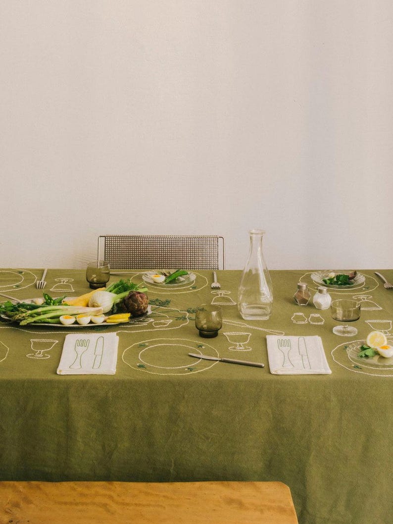 Handmade Embroidered Linen Tablecloth: Vintage Cottagecore Floral ...