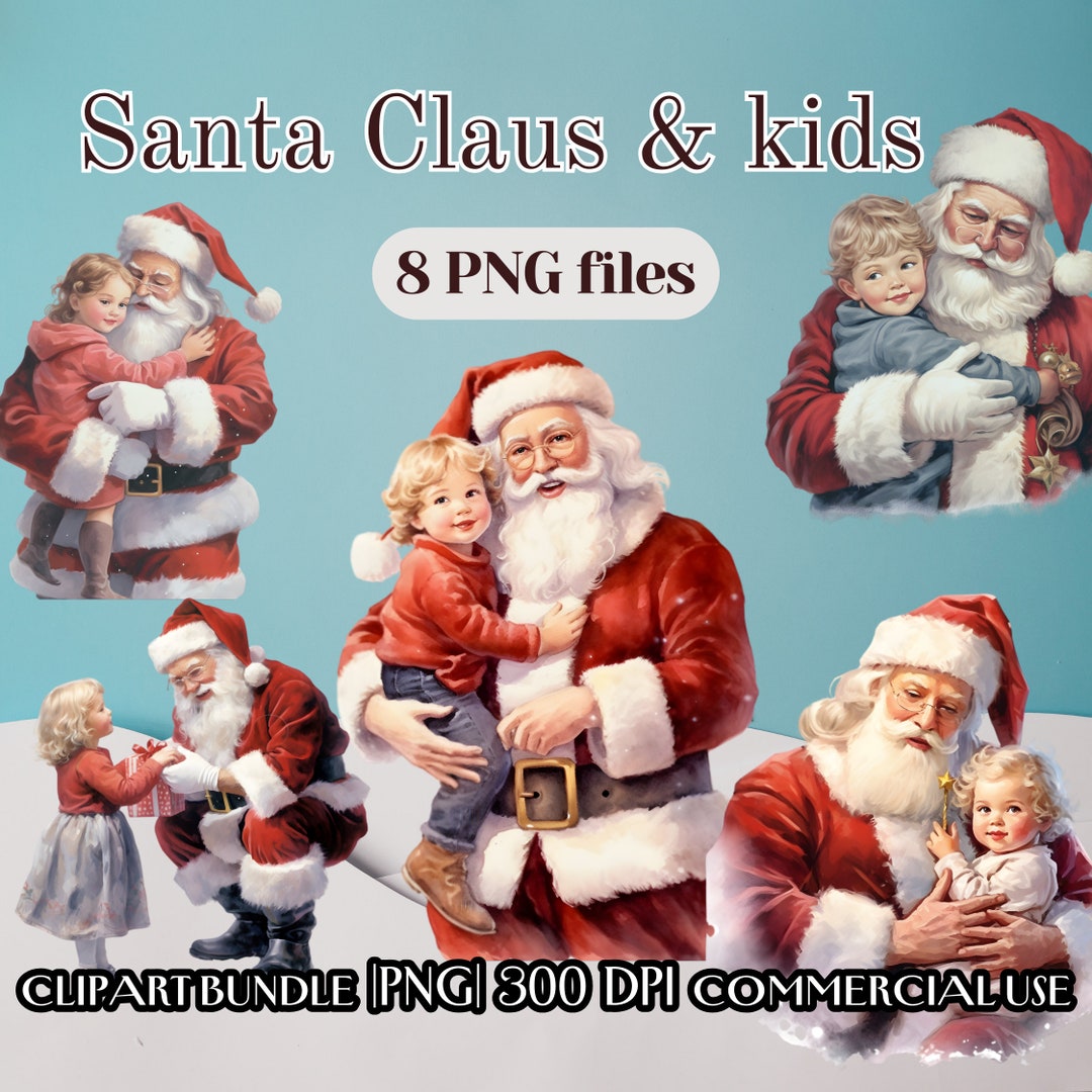 Santa Claus & Kids Watercolor Clipart, Christmas Clipart 8 PNG Files ...