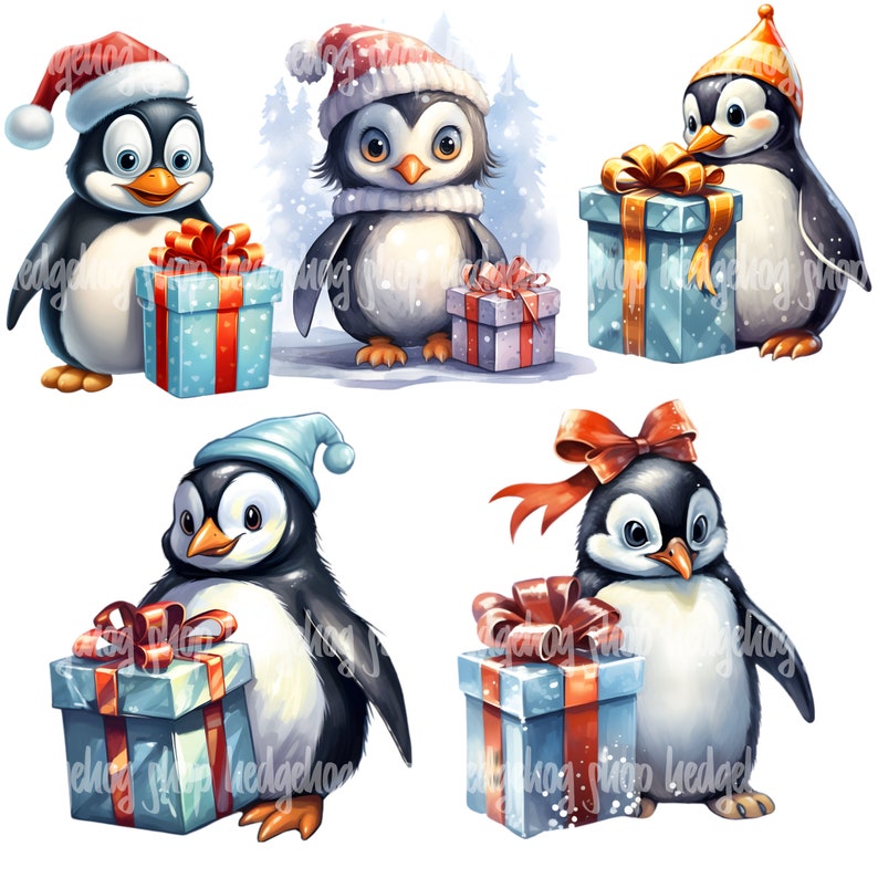10 PNG Cartoon Christmas Penguins Clipart Bundle, Penguin Clipart ...