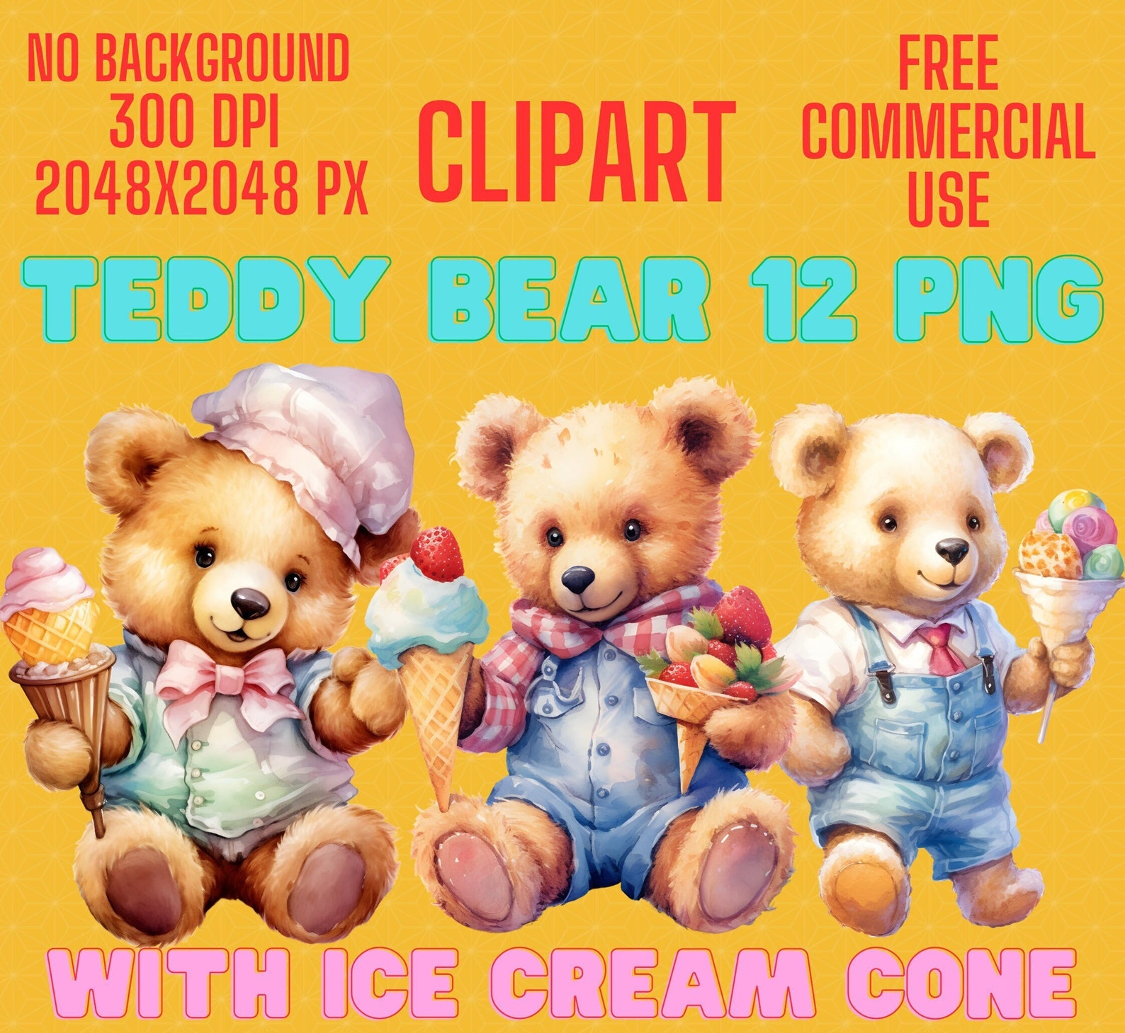 Clipart TEDDY BEAR With Ice Cream Cone 12 PNG Bundle High Quality Png ...