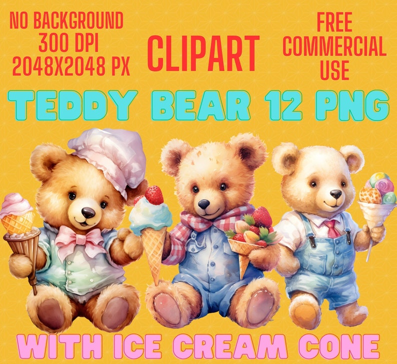 Clipart TEDDY BEAR With Ice Cream Cone 12 PNG Bundle High Quality Png ...