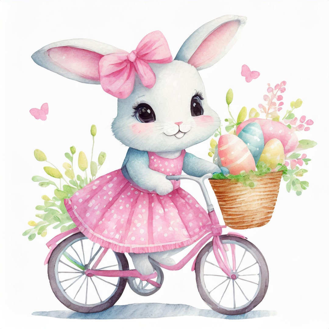 Easter Bunny Riding Bike Watercolor JPG, PNG - Etsy