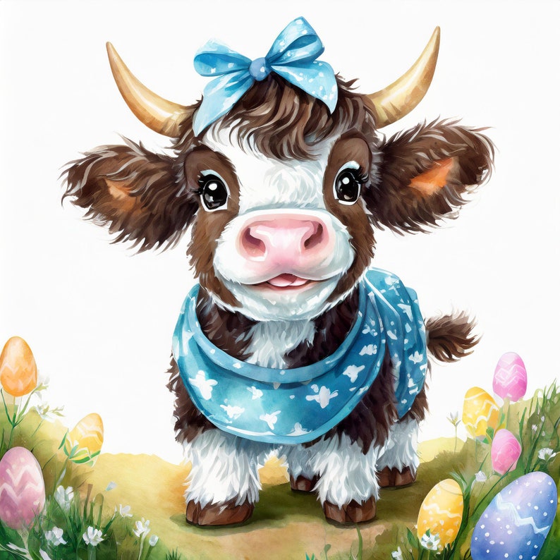Easter Baby Highland Cow JPG, PNG Easter Clipart, Highland Cow Bunny ...