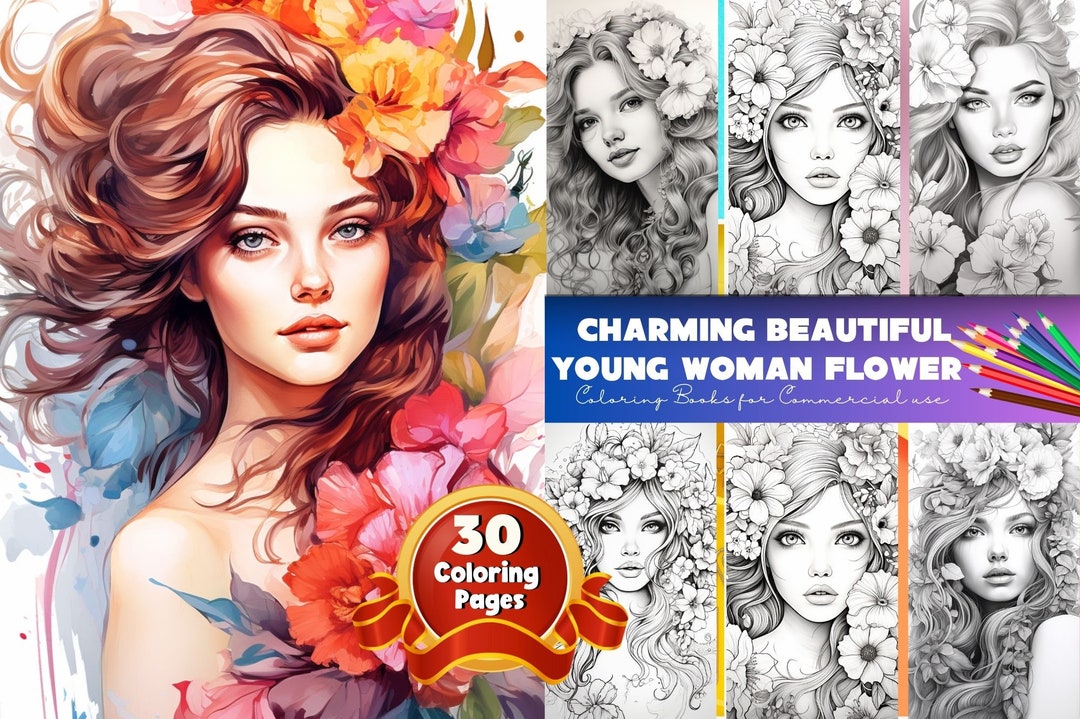 Beautiful Young Woman Coloring Page for Adults, Flower Women, Beautiful ...