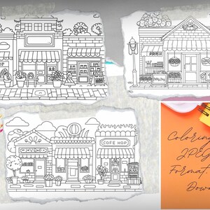 Kawaii Town Storefronts Coloring Pages, Cute for Adults, Printable ...