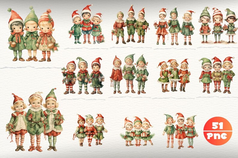 Vintage Christmas Elves 1920 Watercolor Clipart, Digital Download ...