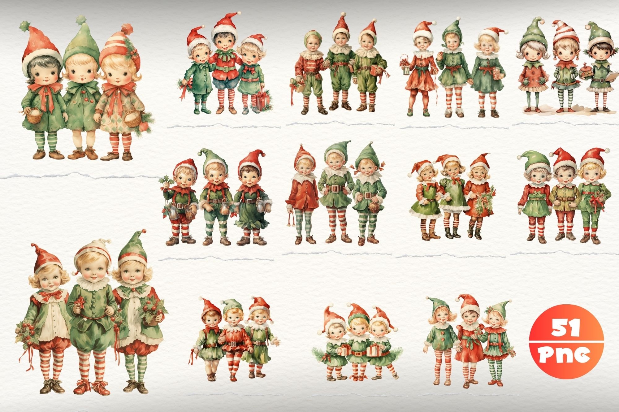 Vintage Christmas Elves 1920 Watercolor Clipart, Digital Download ...