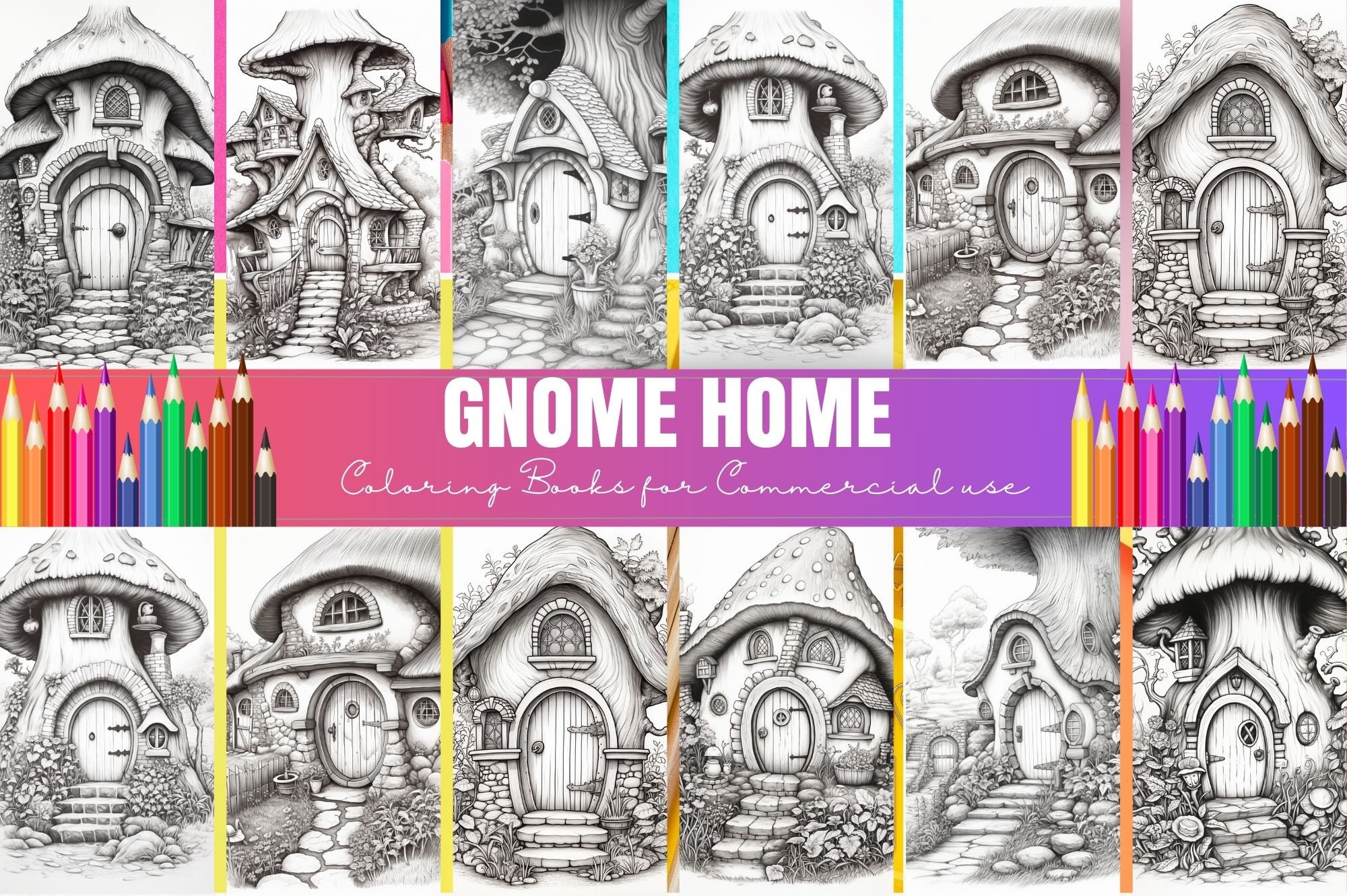Gnome Homes Coloring Pages, Adults and for Kids for Relax and Stress ...