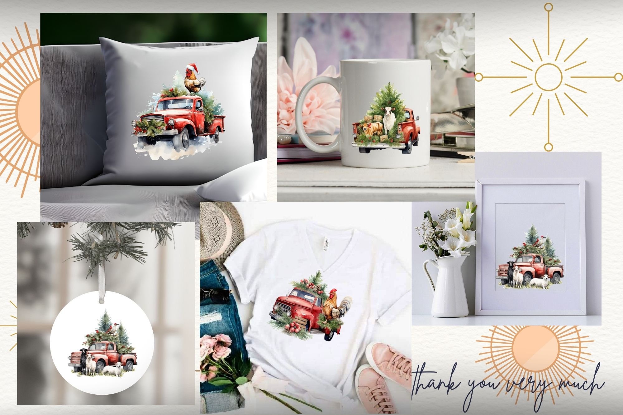 Christmas on the Farm Clipart, Christmas Truck PNG, Watercolor Clipart ...