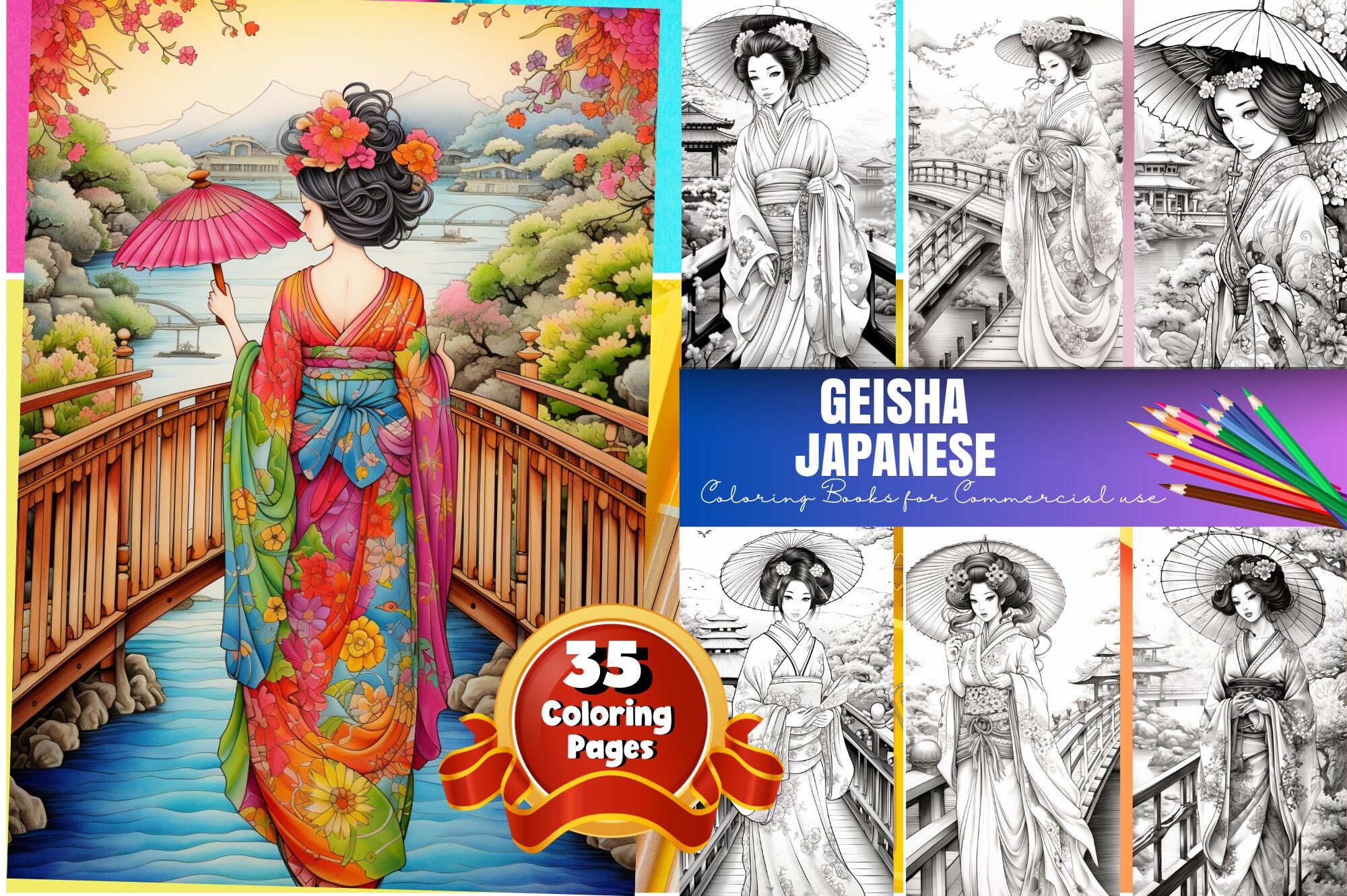 Japanese Geisha Digital Coloring Pages, Geisha Dress Coloring Book ...