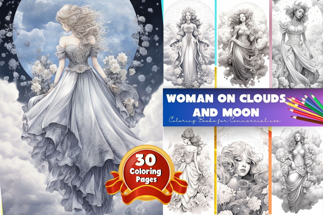 Woman Clouds and Moon Fantasy Coloring Page, Adults Instant Download ...