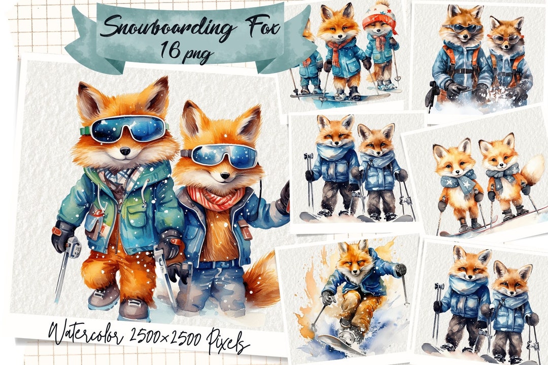 Snowboarding Fox Winter Watercolor Clipart, Christmas Animals, Cute Fox ...