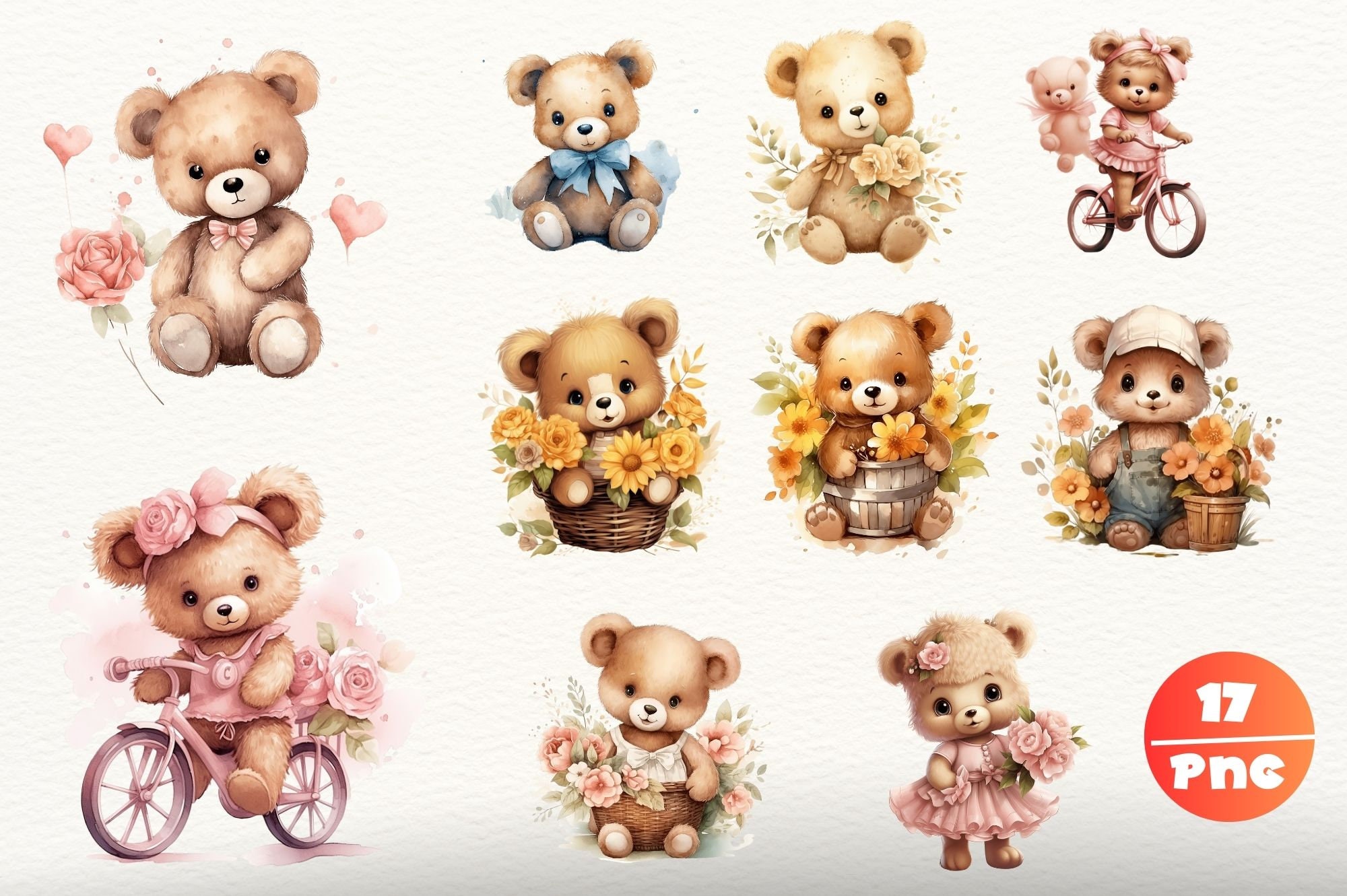 Watercolor Teddy Bear Clipart Bundle, Baby Girl Clipart, Baby Shower ...