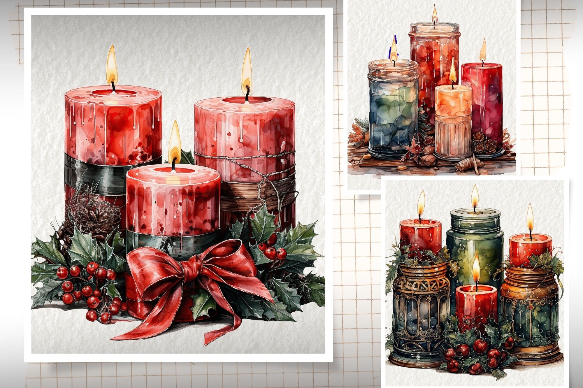 Christmas Candle Watercolor Clipart, Christmas Candle Clipart, Ornate ...