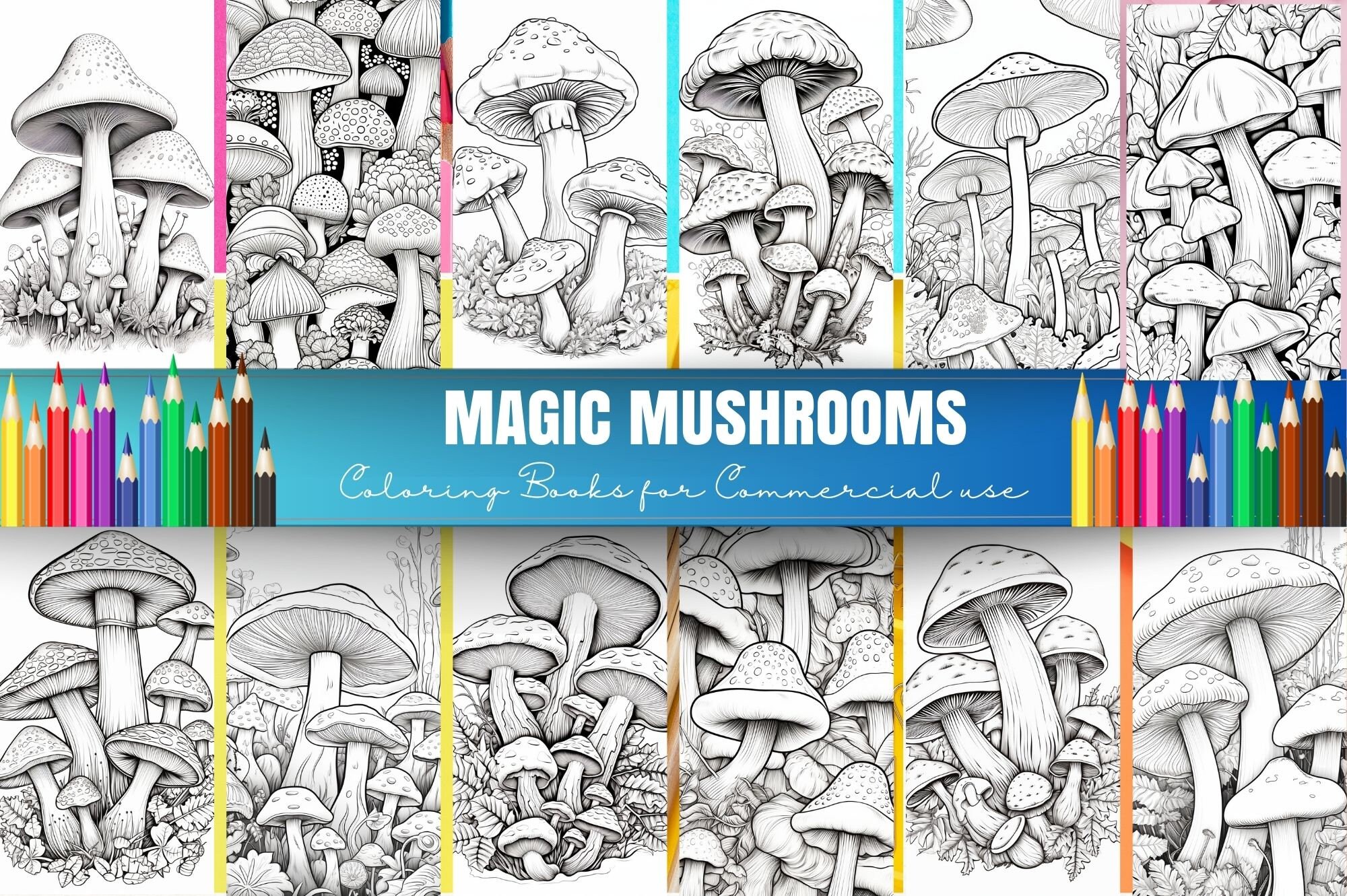 Mushroom Garden Fantasy Coloring Page, Mushroom Magic, Fantasy ...