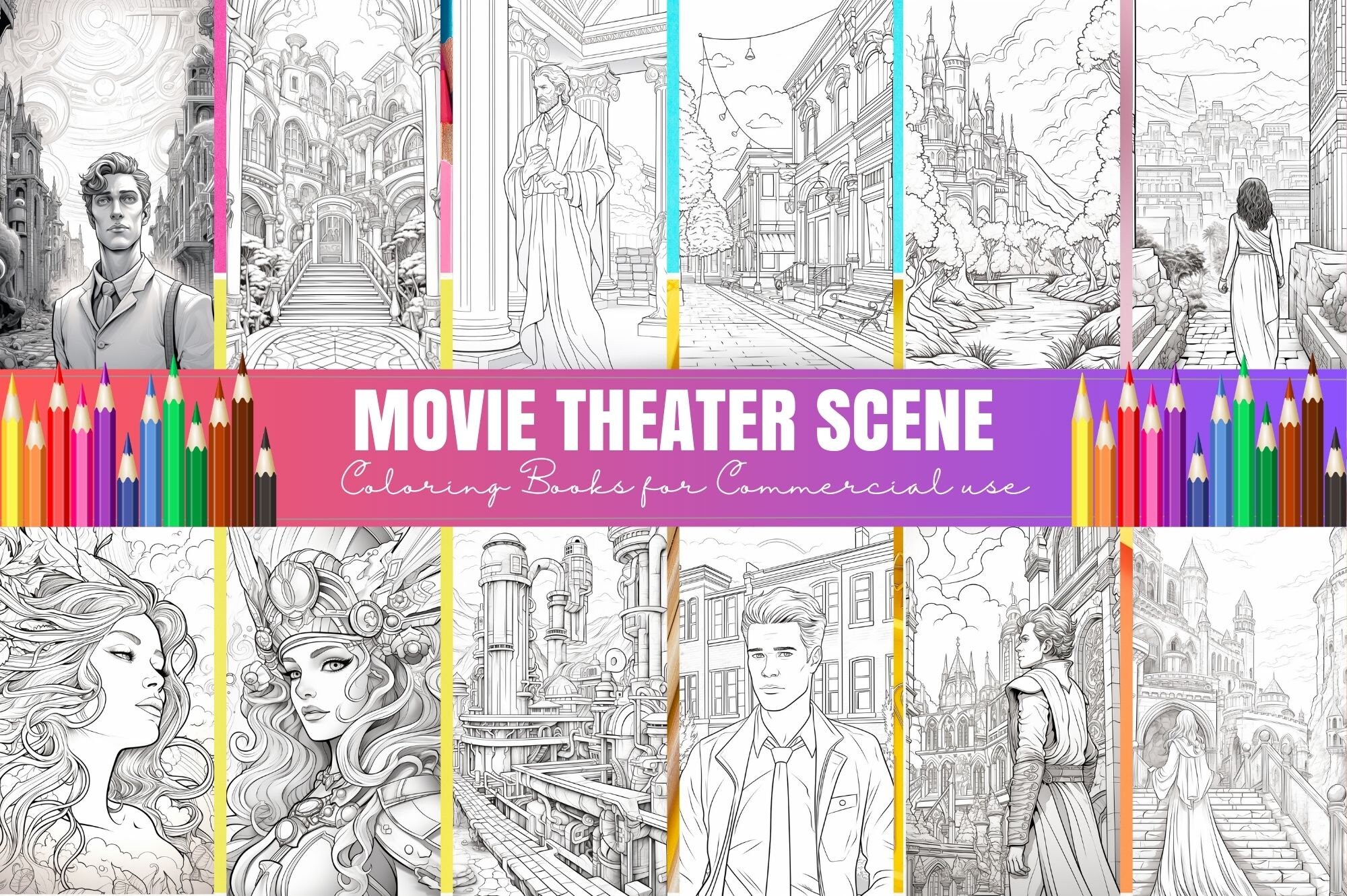 Scene Movie Coloring Page, Coloring Page for Adults, Village Theme ...