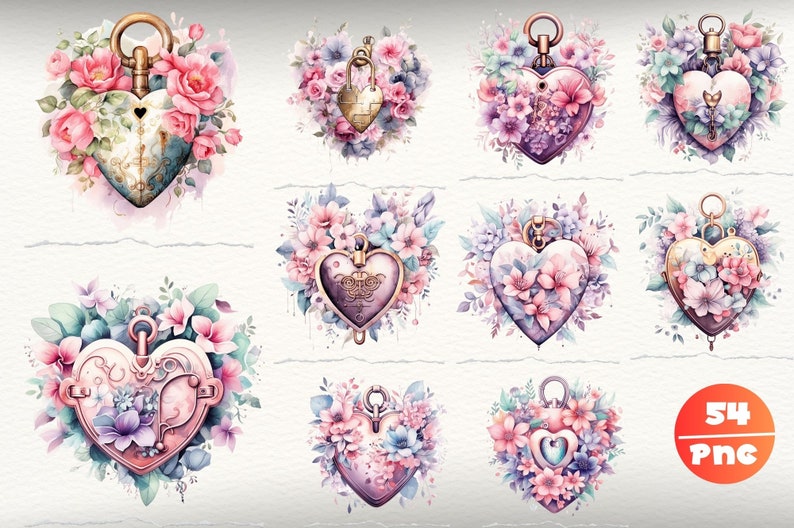 Valentine Heart Lock Clipart, Watercolor Valentine's Day Heart-shaped ...