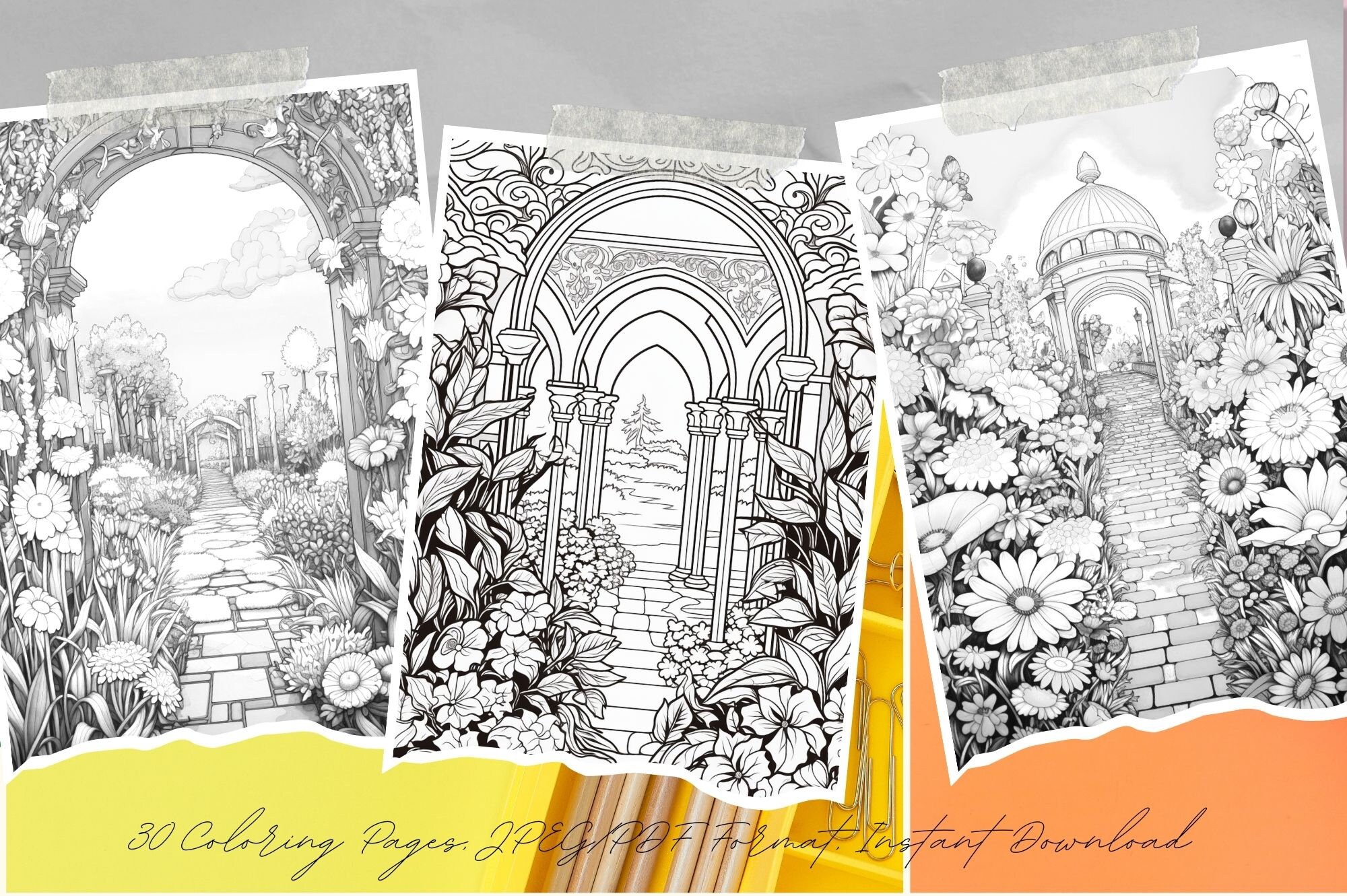 Flowers Garden With Arch Coloring Book, Adults Kids Instant Download ...