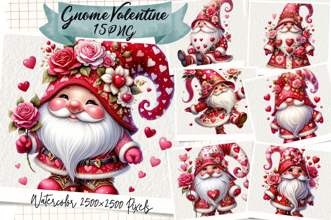 Valentines Gnome Clipart, Watercolor Valentines Day Clipart, Watercolor ...