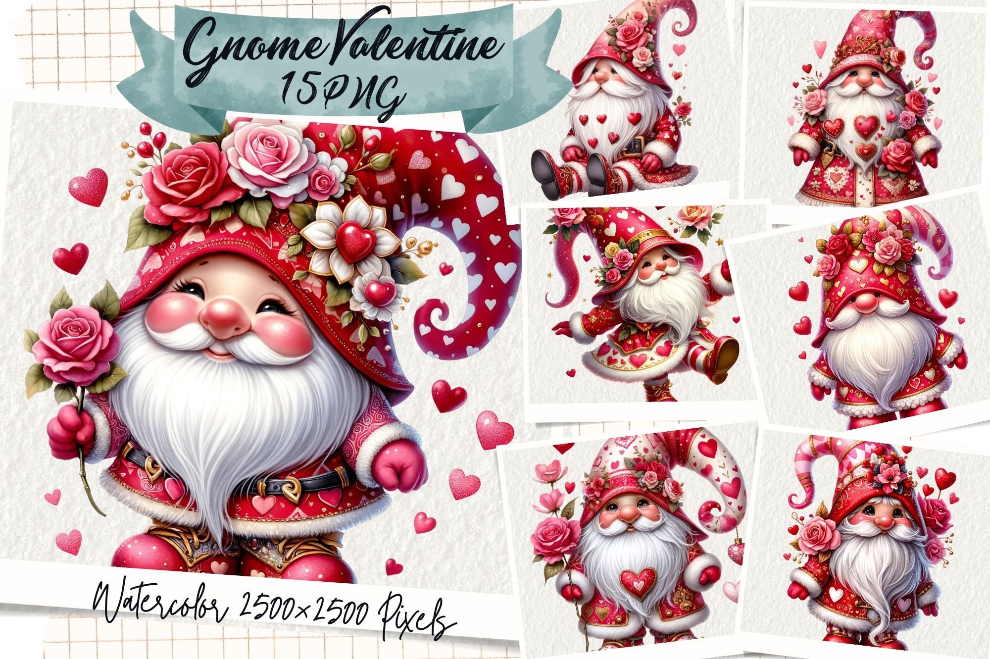 Valentines Gnome Clipart, Watercolor Valentines Day Clipart, Watercolor ...