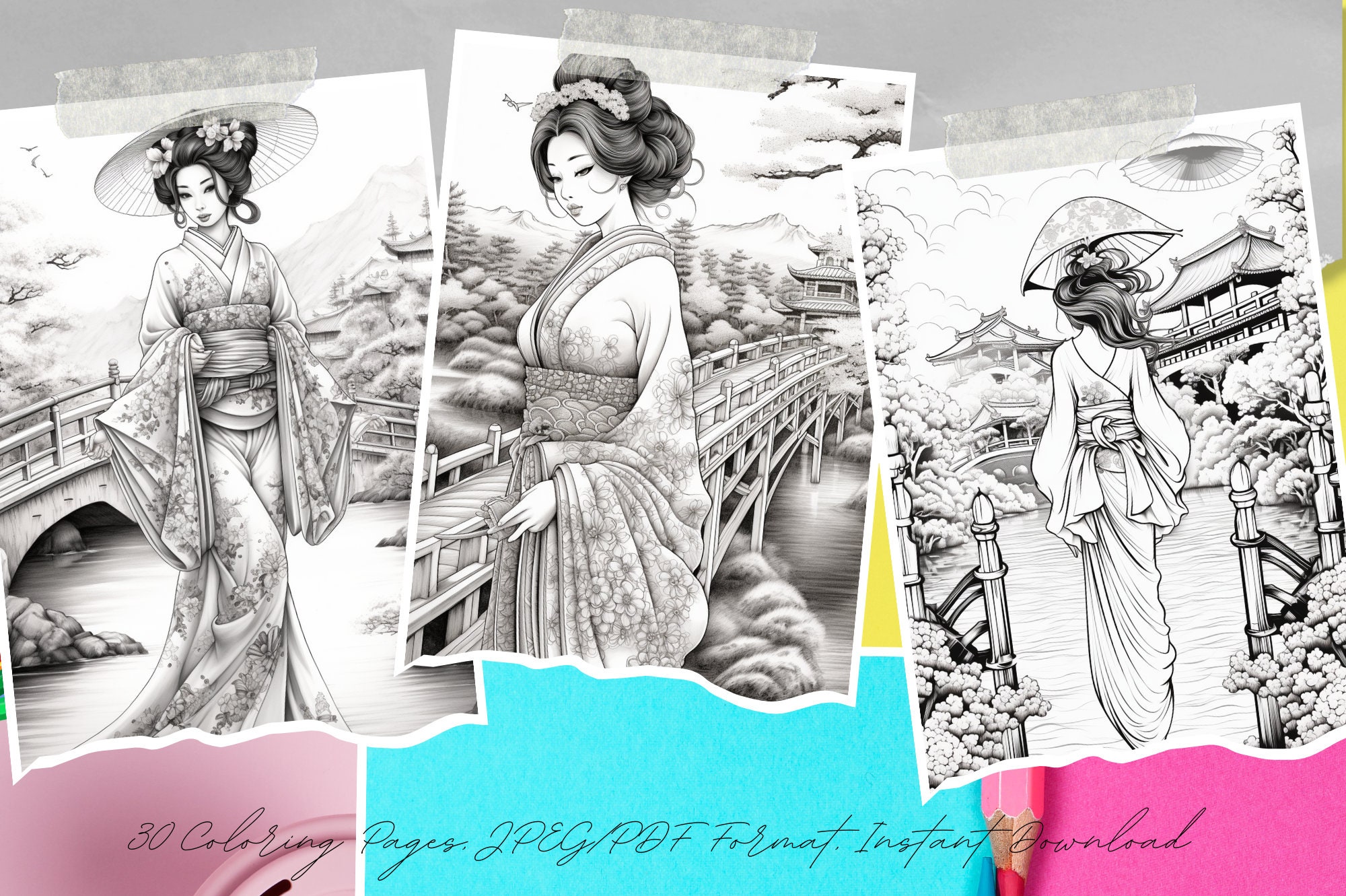 Japanese Geisha Digital Coloring Pages, Geisha Dress Coloring Book ...