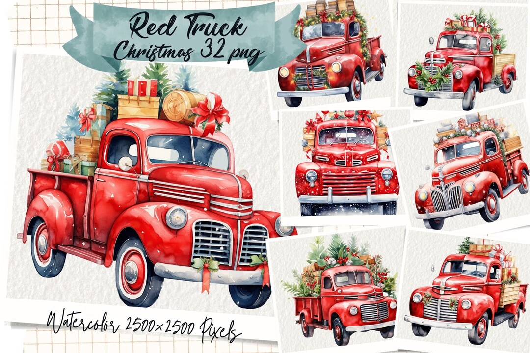 Christmas Red Truck Clipart, Watercolor Truck, Vintage Farm Truck ...
