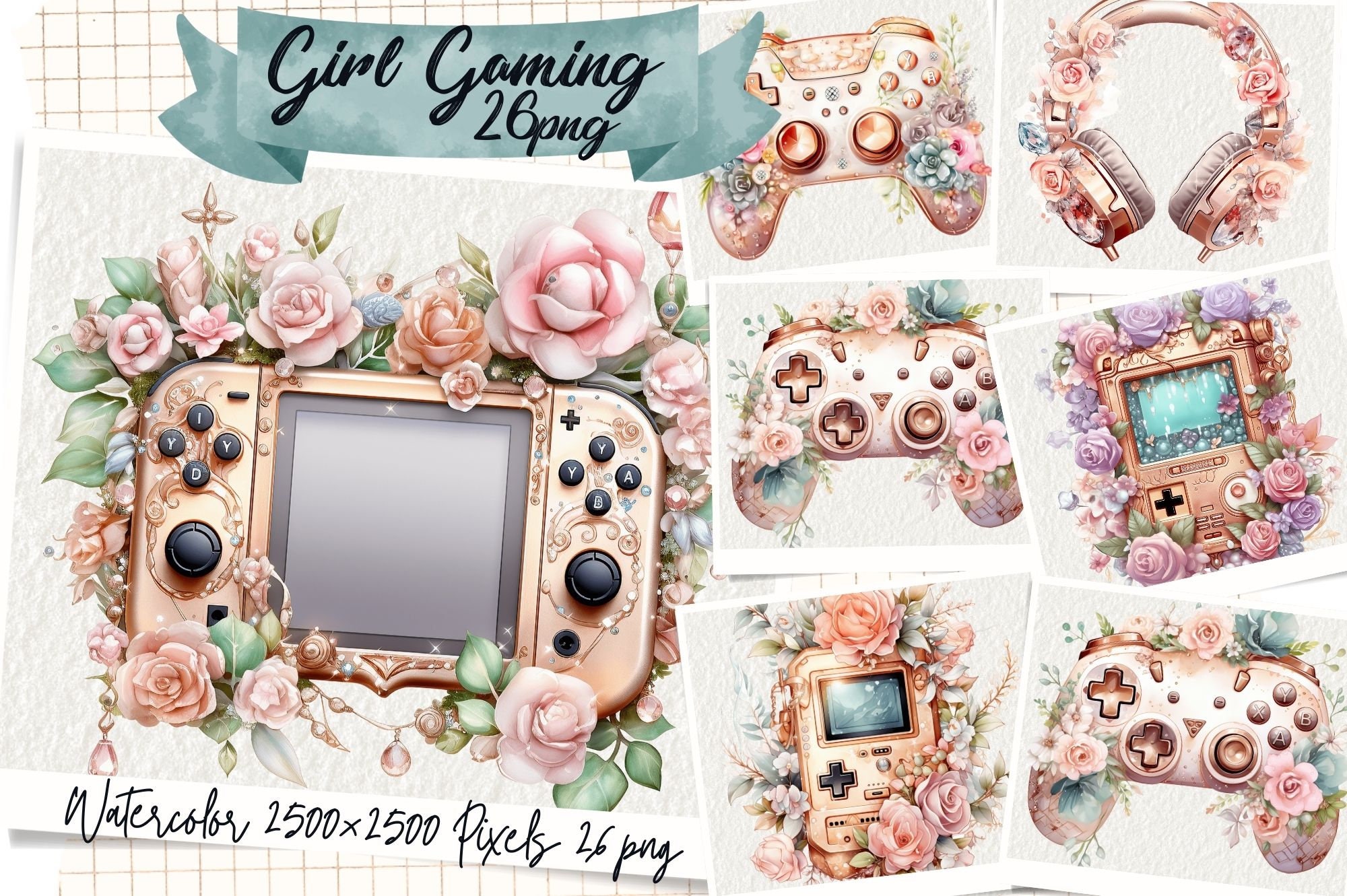 Girl Gaming Controller Clipart, Game Controller, Watercolor Game ...