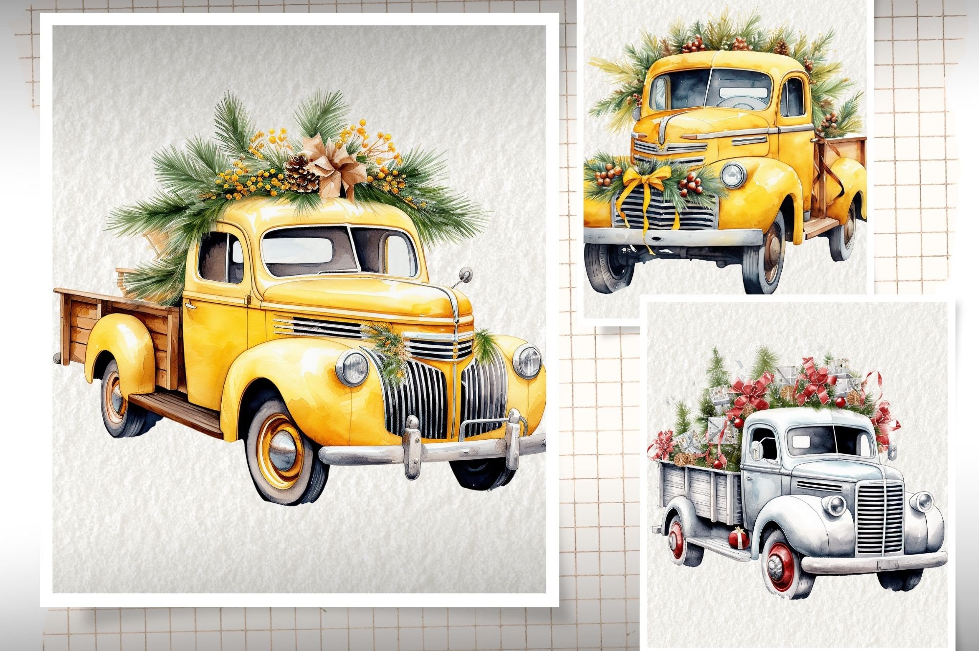 Watercolor Vintage Christmas Truck Clipart, Christmas Truck Clipart ...