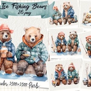Ice Fishing Bears Watercolor Clipart, Fishing Bear Clipart, Digital ...
