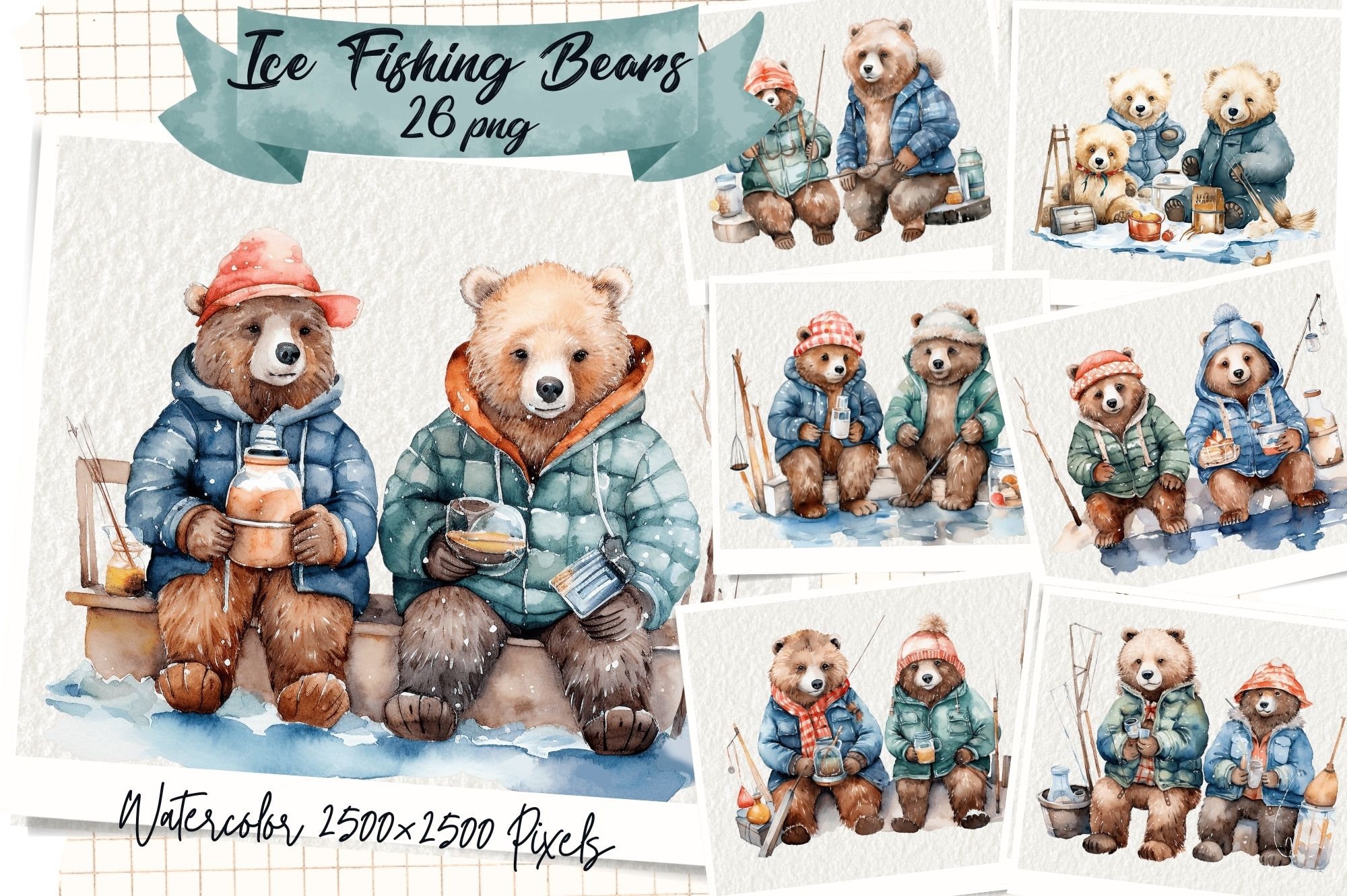 Ice Fishing Bears Watercolor Clipart Fishing Bear Clipart - Etsy