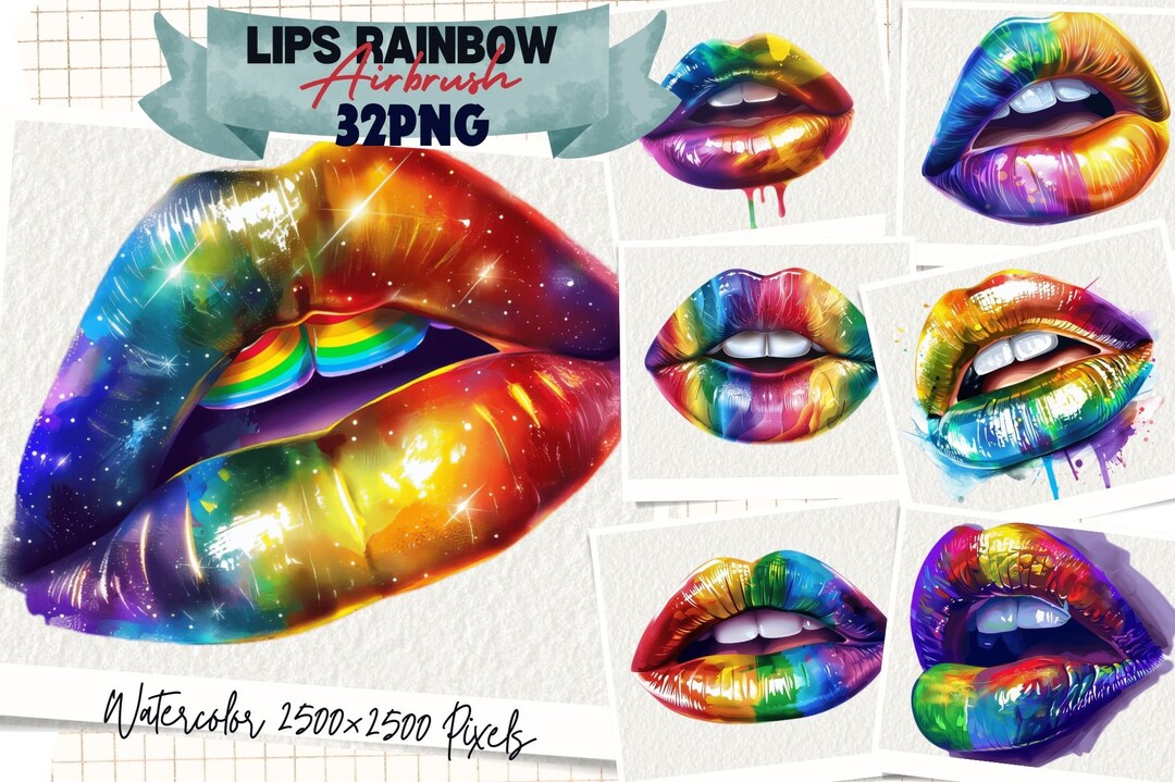 Airbrush Lips With Rainbow Clipart, Colorful Lips Clipart, Lipstick ...