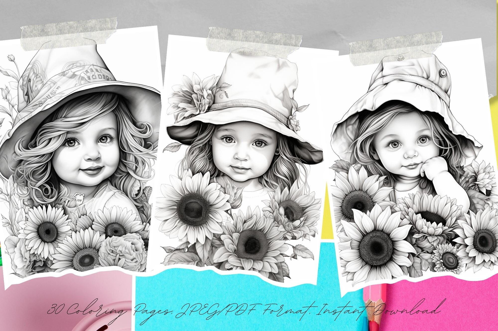 Cute Girls Sunflowers Coloring Pages Adults Kids Coloring - Etsy