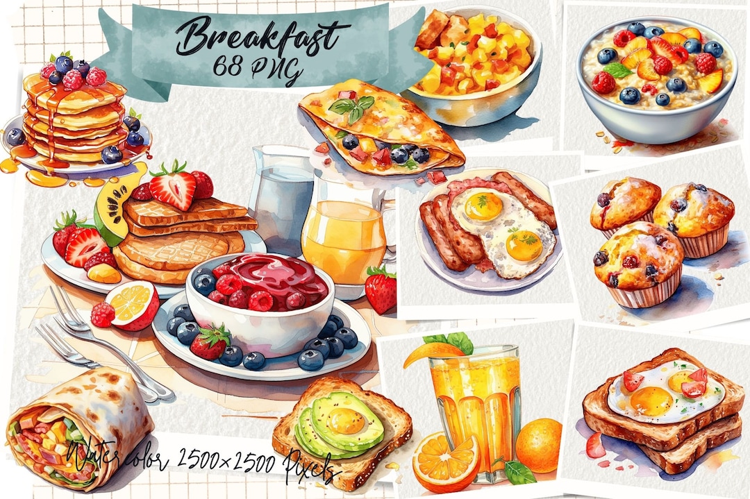 Breakfast Watercolor Clipart, Eggs and Bacon, Breakfast PNG, Brunch ...