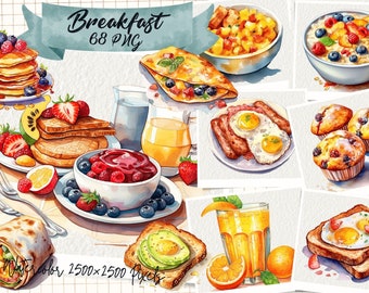 Watercolor Breakfast Clipart, Brunch Clipart, Waffle Art, Breakfast ...