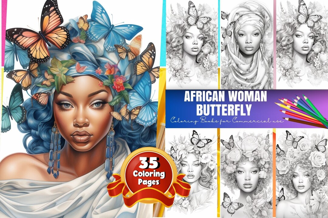 Beautiful Black Woman Coloring Pages, Women Flowers and Butterflies Art ...