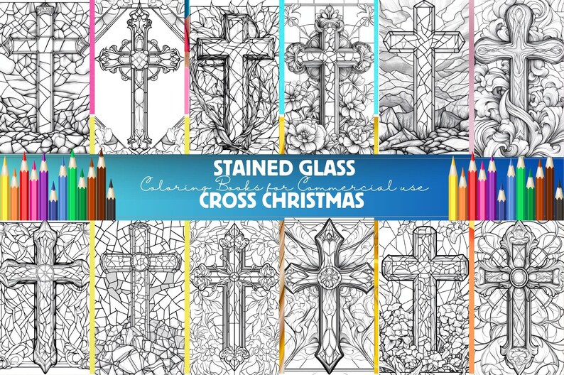 Stained Glass Cross Christmas Coloring Page, Religious Holiday Coloring ...