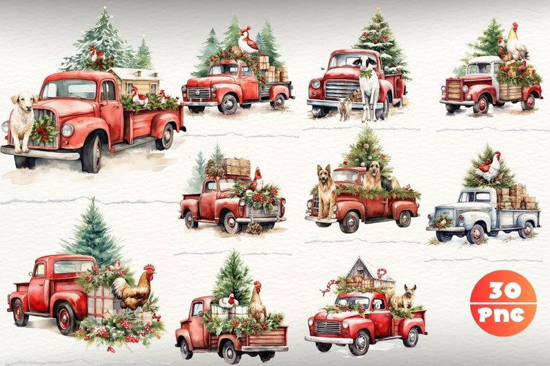 Christmas on the Farm Clipart, Christmas Truck PNG, Watercolor Clipart ...