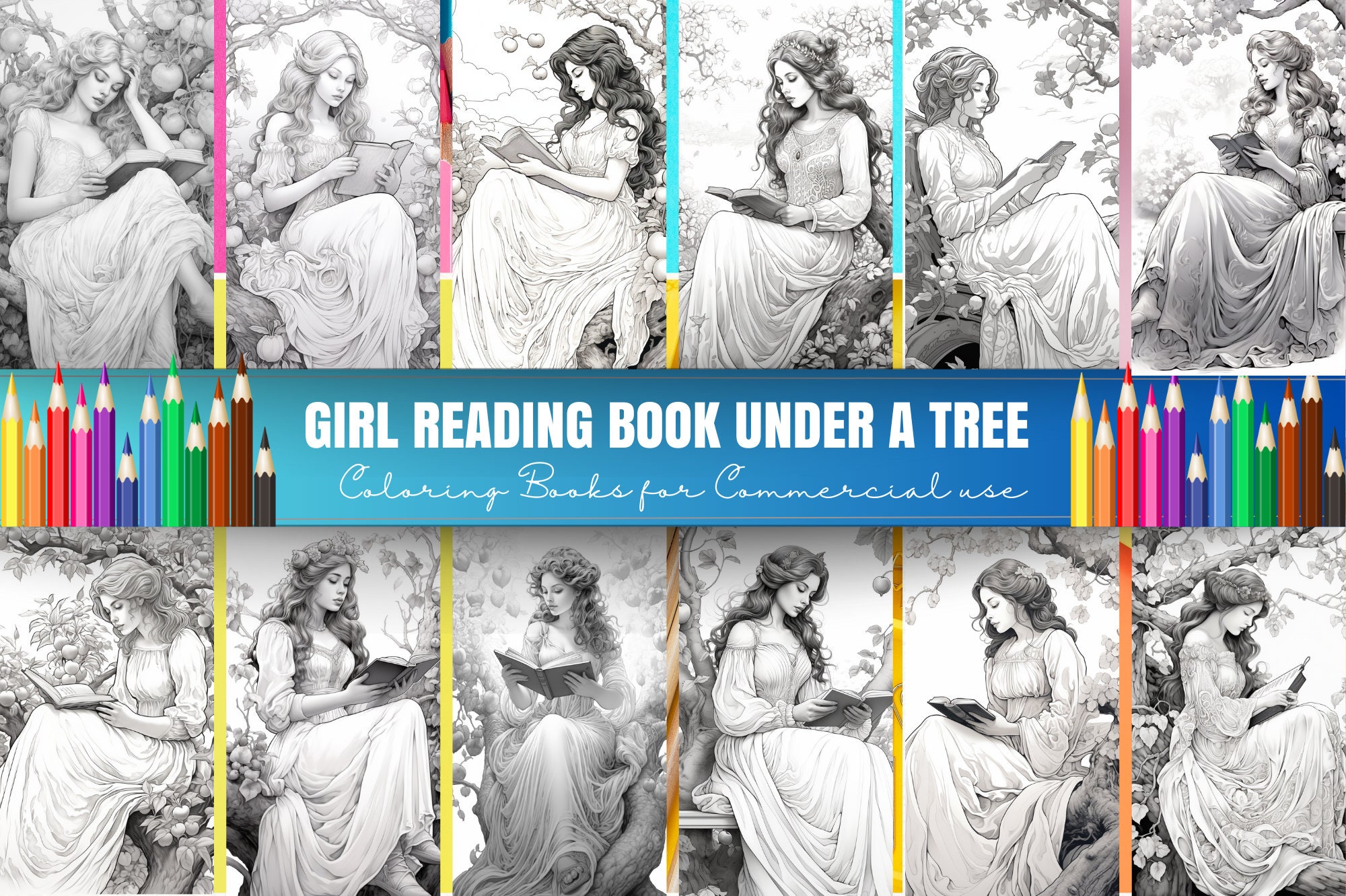 Girl Reading Book Under the Tree Coloring Pages, Vintage Girls With ...