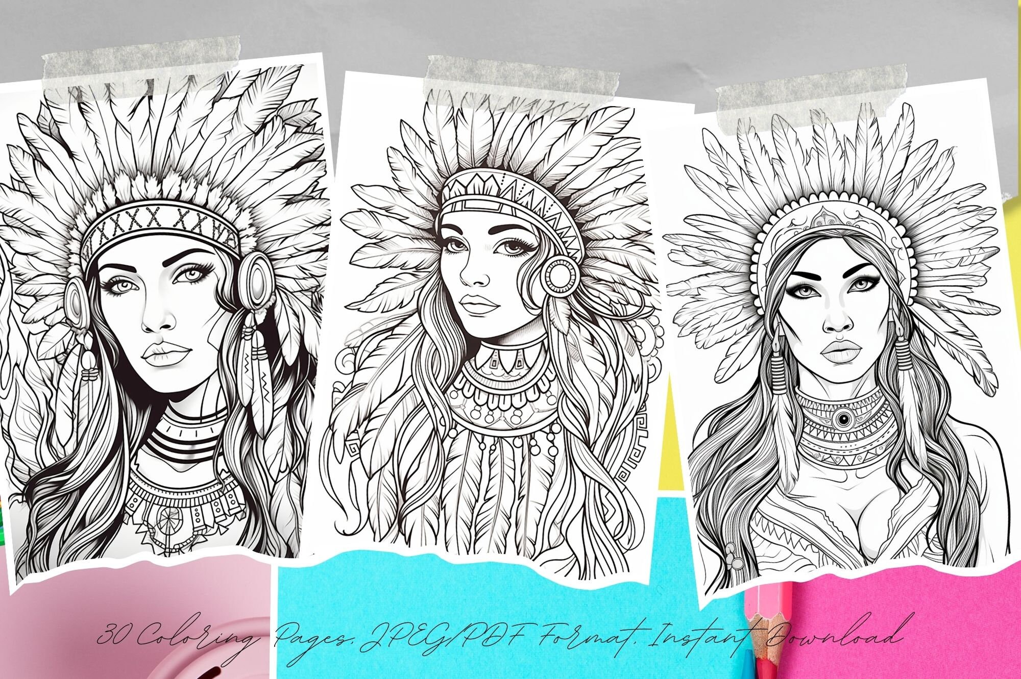 Native American Women Coloring Page, American Indian Woman, Grayscale ...