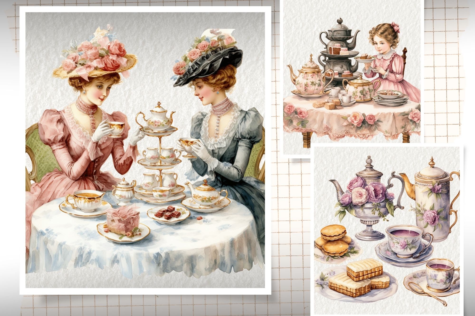Victorian Tea Party Watercolor Clipart, Victorian Tea Time Png Bundle ...