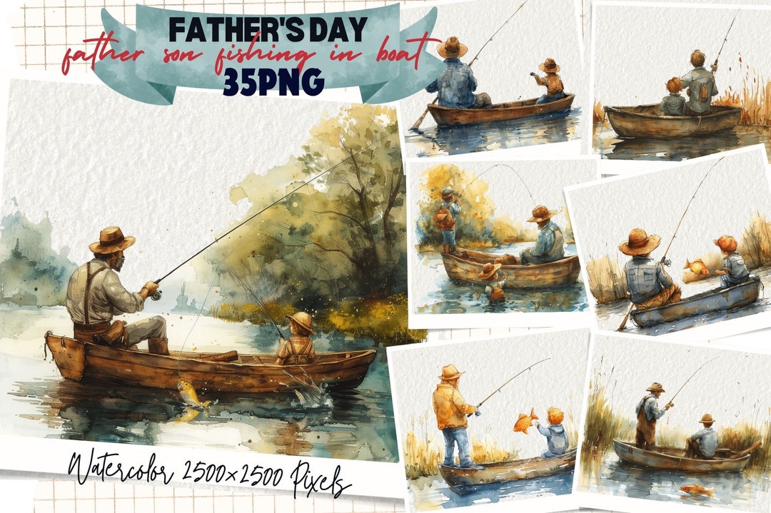 Dad Son Fishing in Boat Clipart, Fishing Fish Father's Day, Fishing ...
