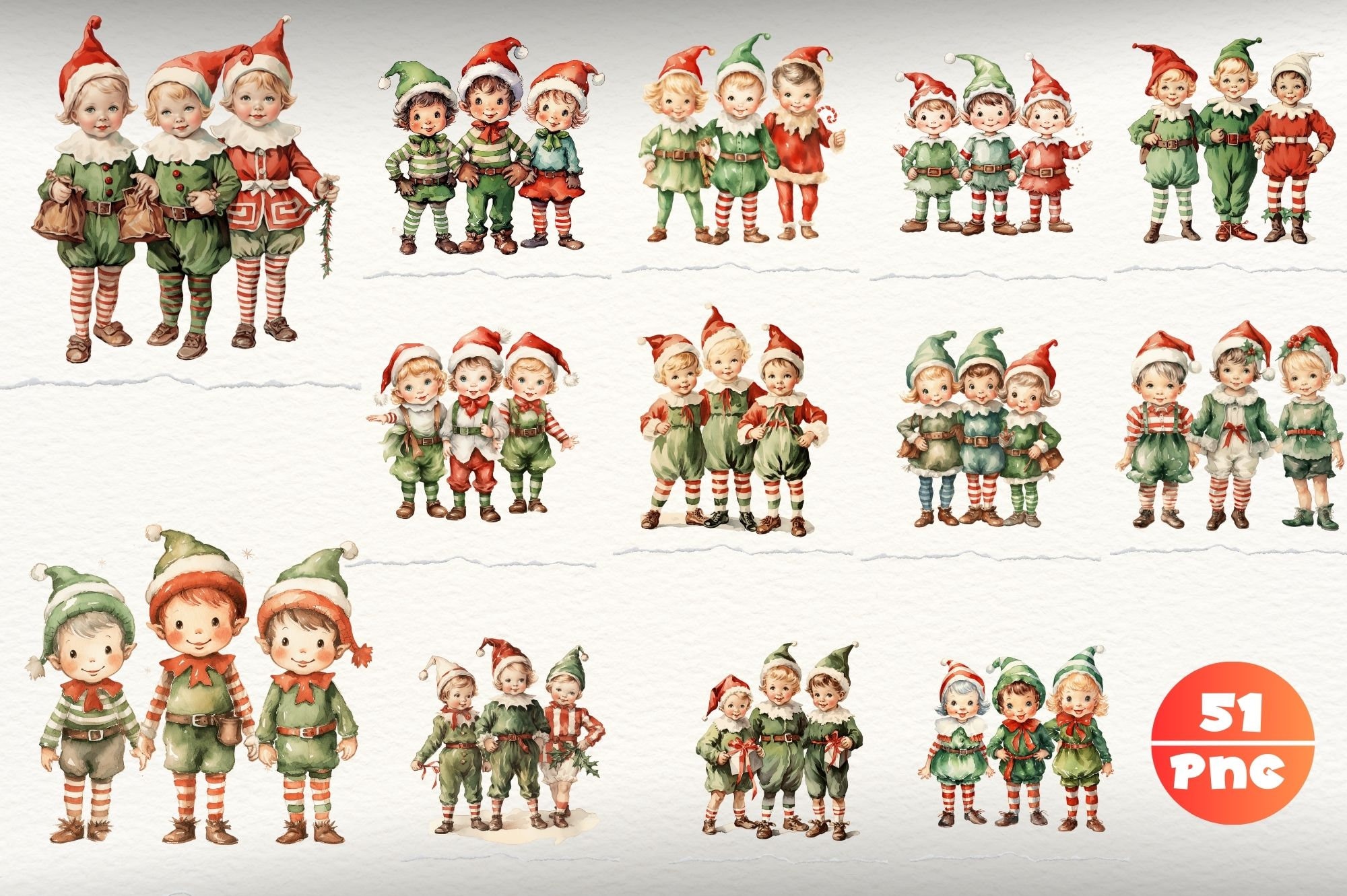 Vintage Christmas Elves 1920 Watercolor Clipart, Digital Download ...