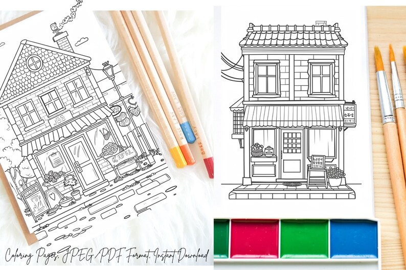 Kawaii Storefronts Coloring Pages, for Adults, Printable Coloring Book ...