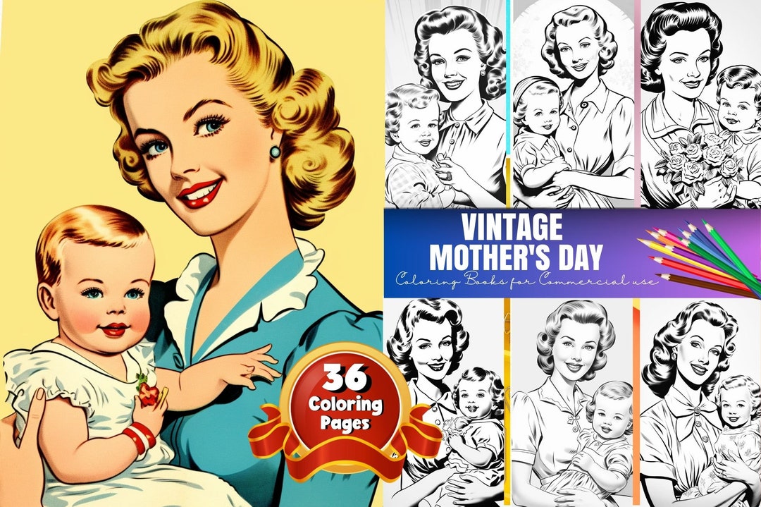 Vintage Mothers Day Coloring Pages, Baby and Mom Coloring, Printable ...