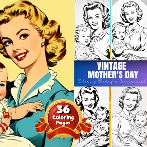 Vintage Mothers Day Coloring Pages, Baby and Mom Coloring, Printable ...