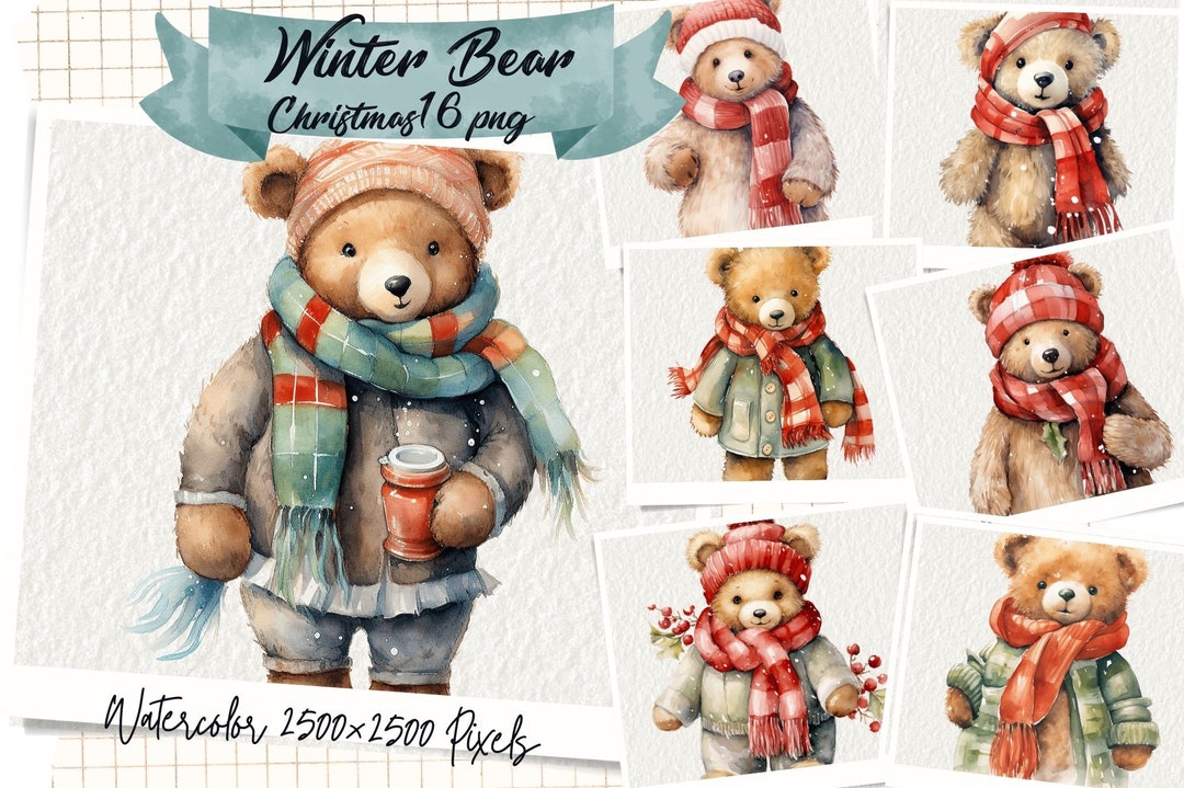 Christmas Teddy Bear Clipart, Watercolor Winter Teddy Bear Clipart ...