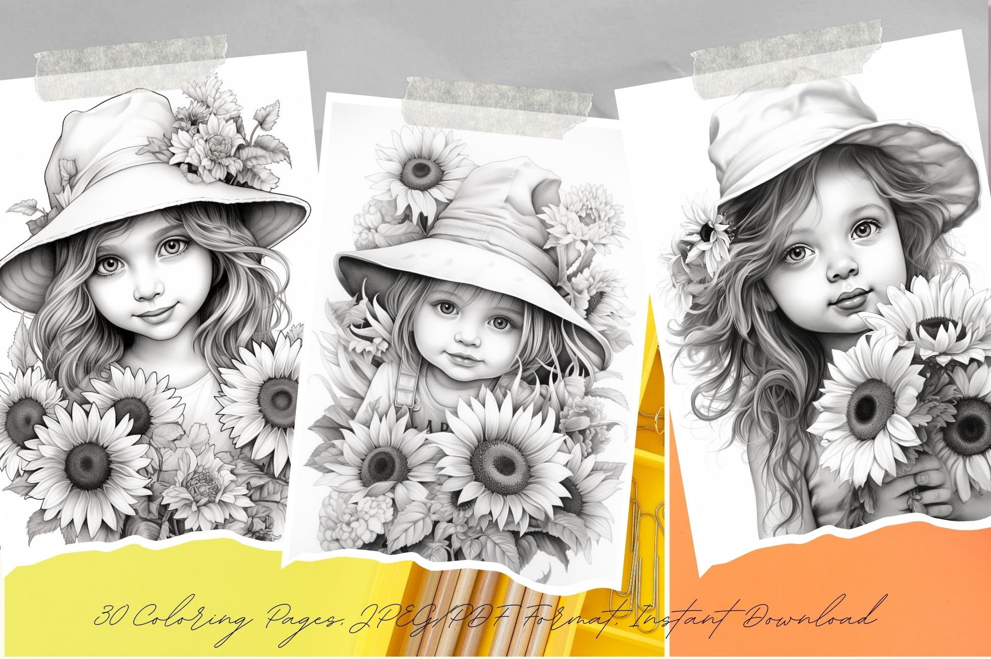 Cute Girls Sunflowers Coloring Pages Adults Kids Coloring - Etsy